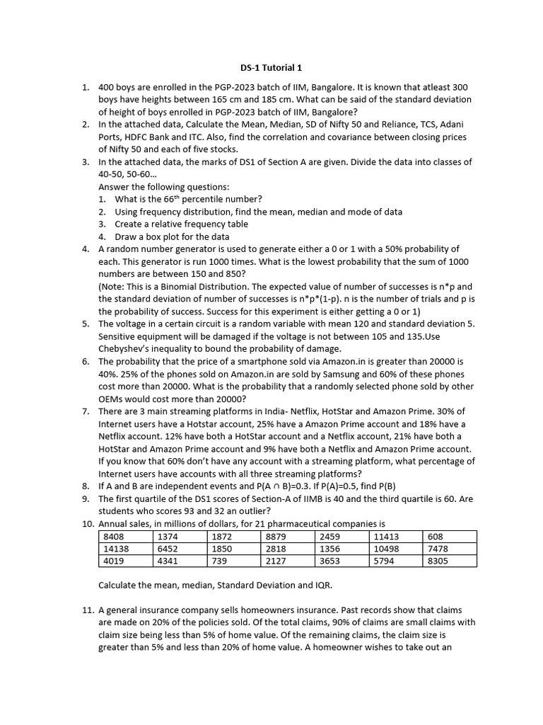DS 1 Tutorial 1 | PDF | Quartile | Standard Deviation