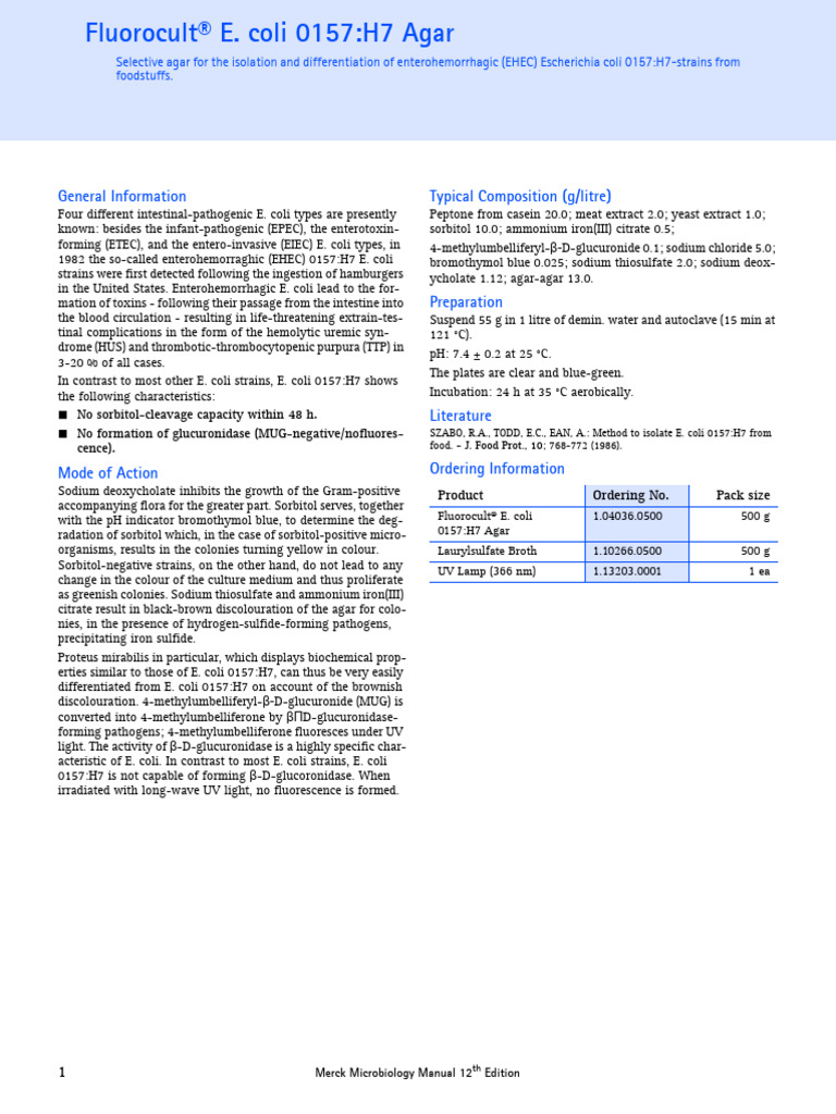 Fluorocult e Coli Agar 104036 MK | PDF | Escherichia Coli | Microbiology