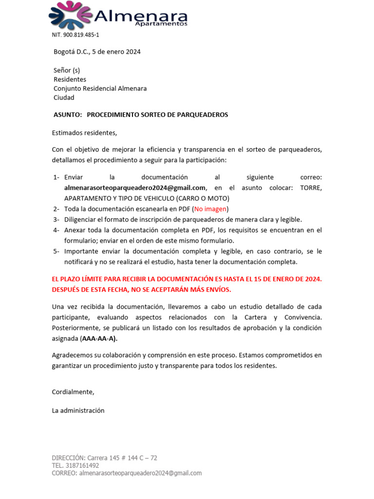 Comunicado y Formato Sorteo Parqueaderos | PDF | Negocios