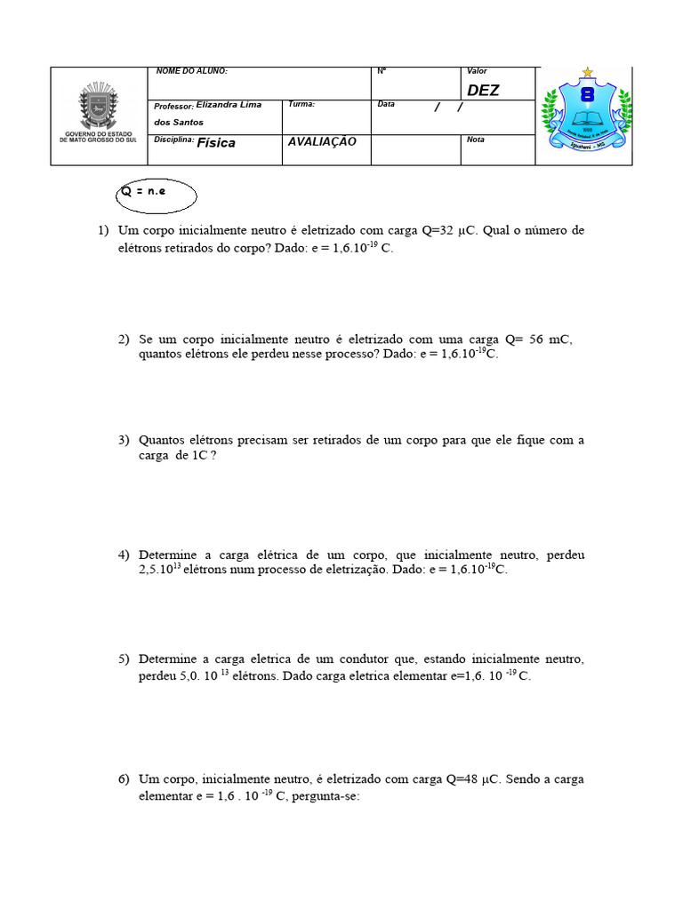 Prova Avaliativa para o 3 Ano Carga Elementar | PDF | Carga elétrica ...