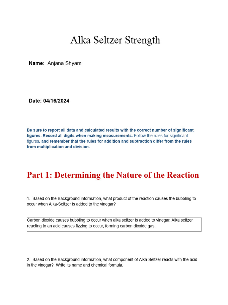 Lab 6 Alka Seltzer Strength | PDF | Mole (Unit) | Acid