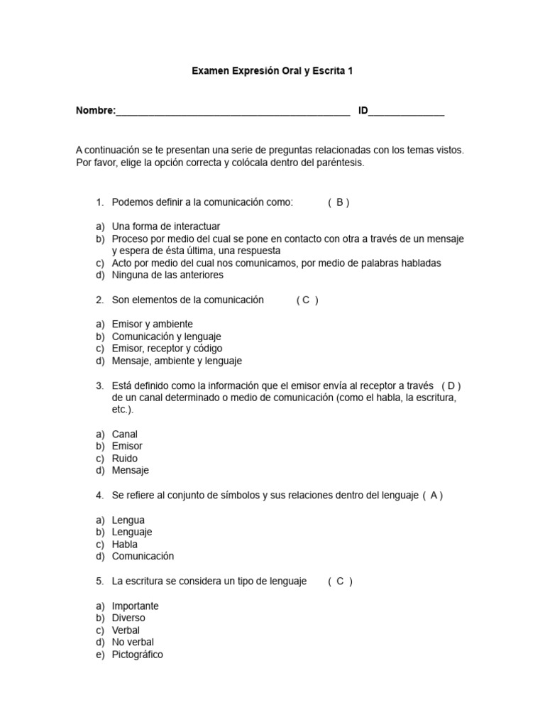 Examen de Expresión Oral y Escrita 1 | PDF | Comunicación ...