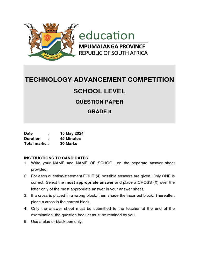 Technology Grade 9 QP School Level 2024 | PDF | Beam (Structure) | Gear