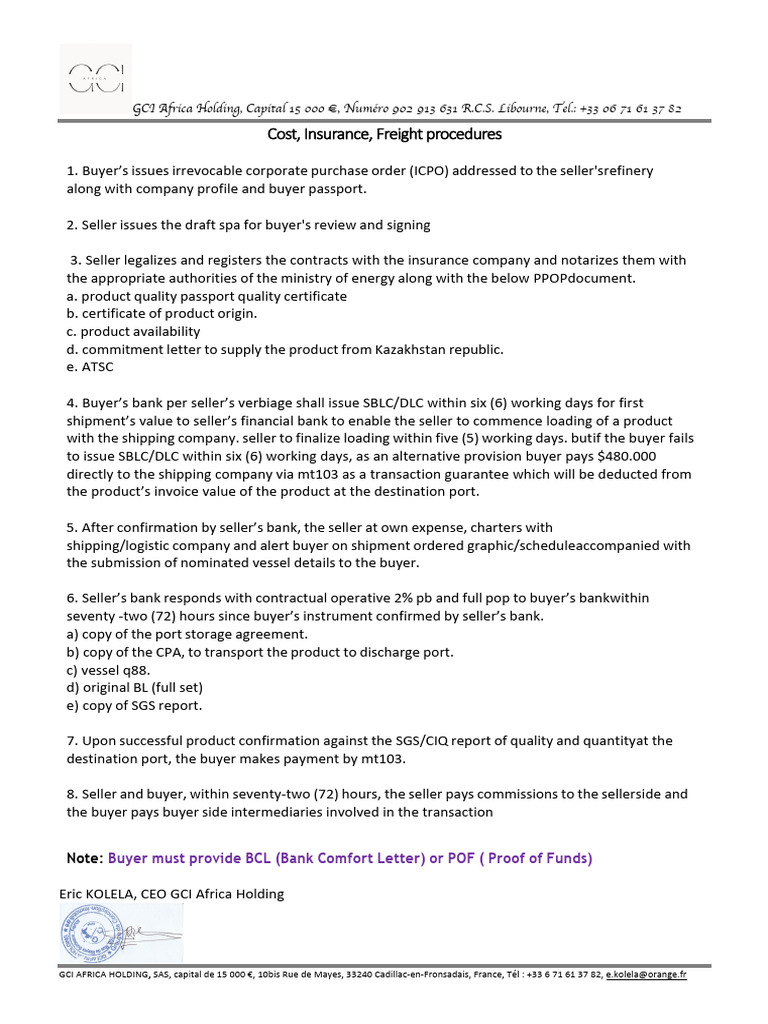 Officiel - Refinery CIF Procedure | PDF | Letter Of Credit | Procurement