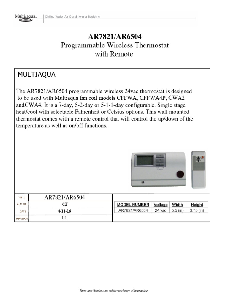 Thermostat AR7821 AR6504 SUBMITTAL - Rev1.1 | PDF