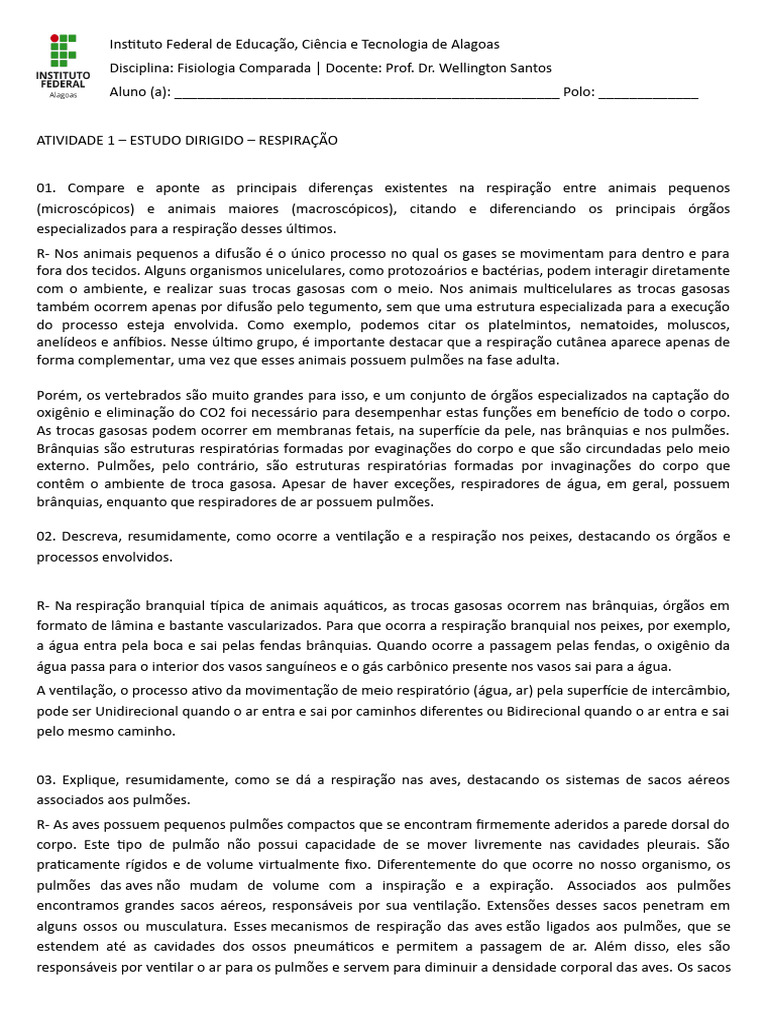 Atividade 01 Respiracao | PDF | Respiração | Pulmão Atividade 01 Respiracao | PDF | Respiração | Pulmão