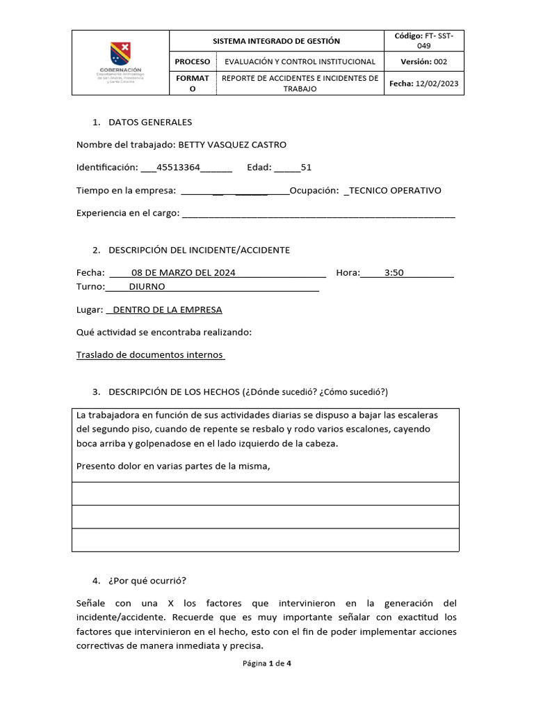 Investigacion de Accidente Laboral Betty Vasquez | PDF