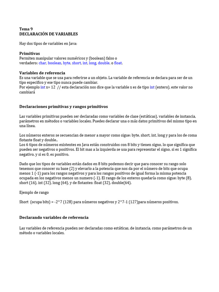 Resumen Tema 9 Libro JAVA | PDF | Variable (informática) | Poco