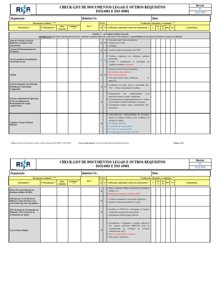 Check List Documentos Legais e Outros Requisitos 14-45 Rev-7 | PDF