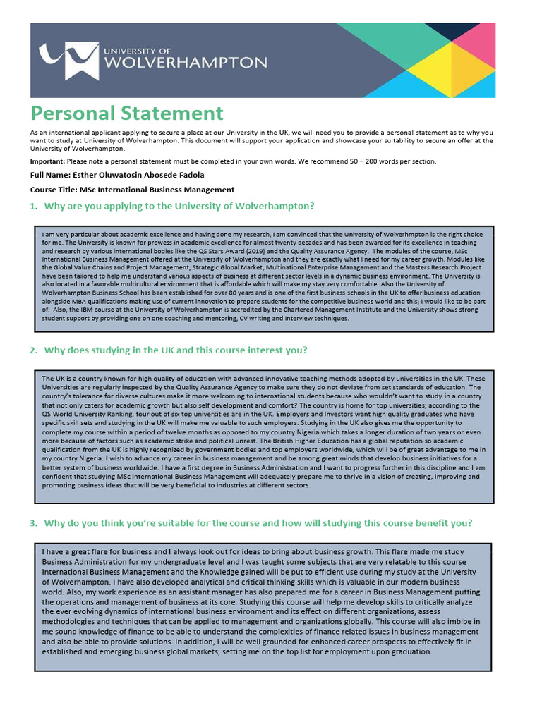 Personal Statement for MSc Business Management | PDF | University ...