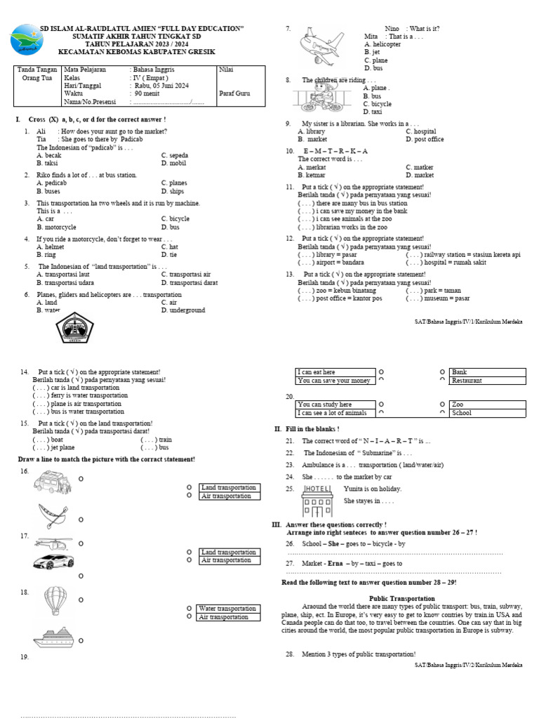 Sat B.ing Kelas 4 Kumer 2023-2024 | PDF | Public Transport | Public Services