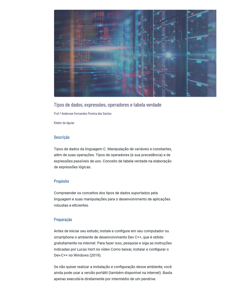 Tipos de dados, expressões, operadores e tabela verdade | Download ...
