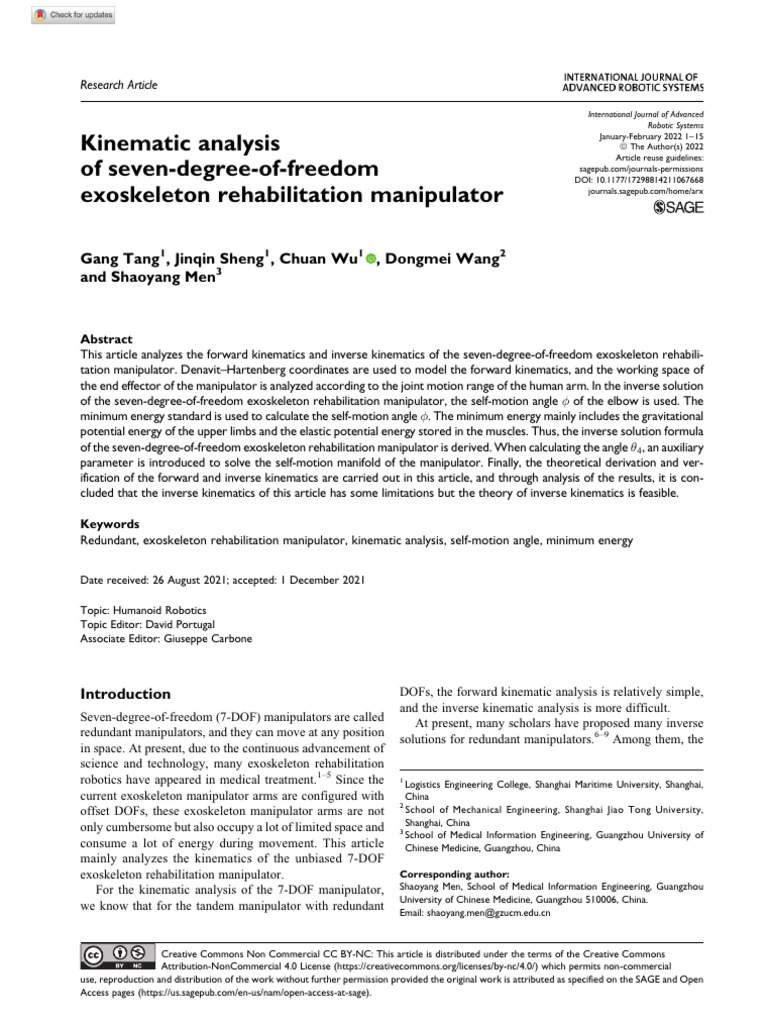 Tang Et Al 2022 Kinematic Analysis of Seven Degree of Freedom ...
