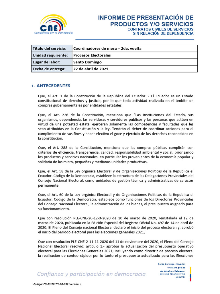 FORMATO INFORME CM - 2DA. VUELTA Vale | PDF | Constitución | Ecuador