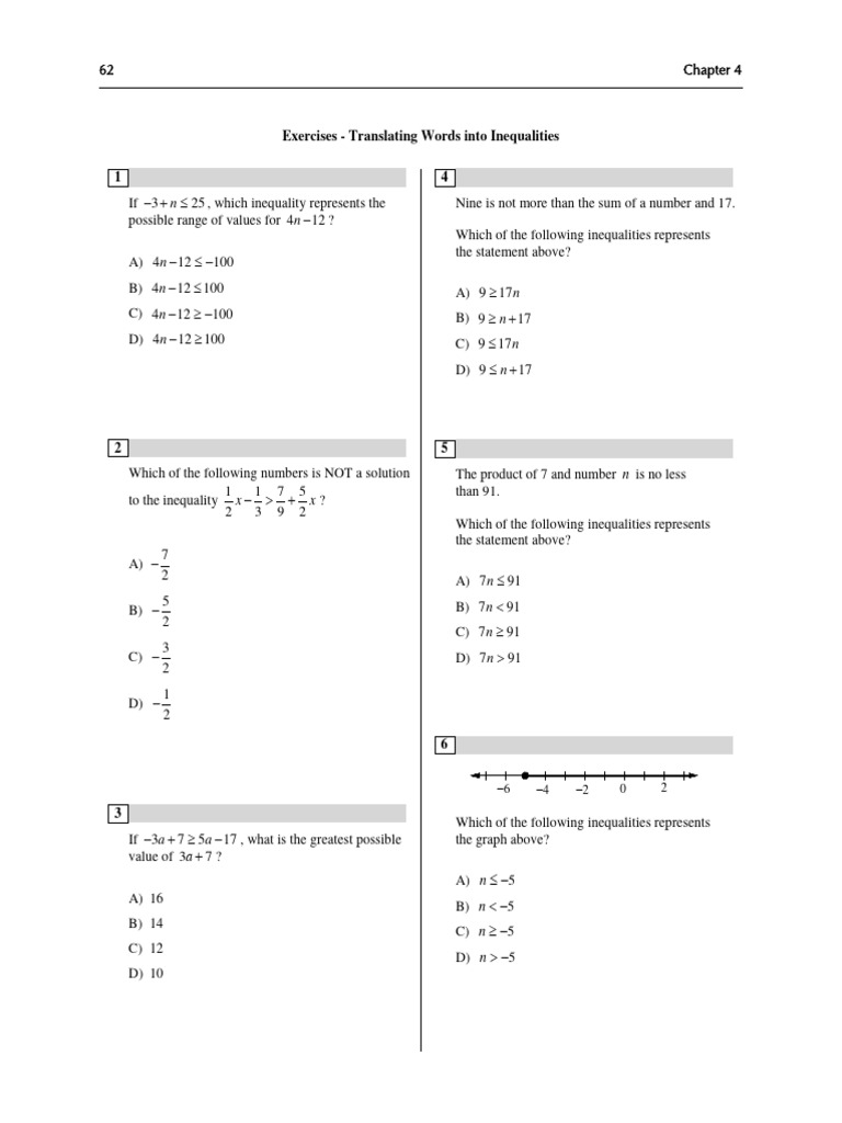 SAT Math Inequality Exercises | PDF | Inequality (Mathematics ...