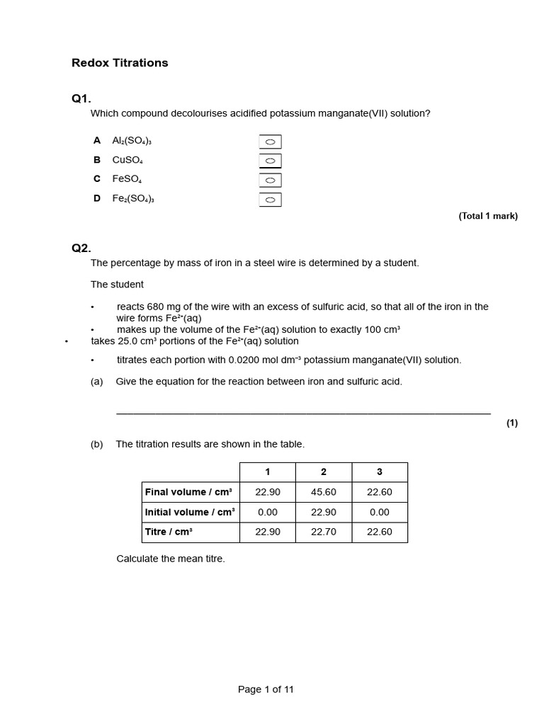 Redox Titrations and Calculations | PDF | Chemistry | Titration