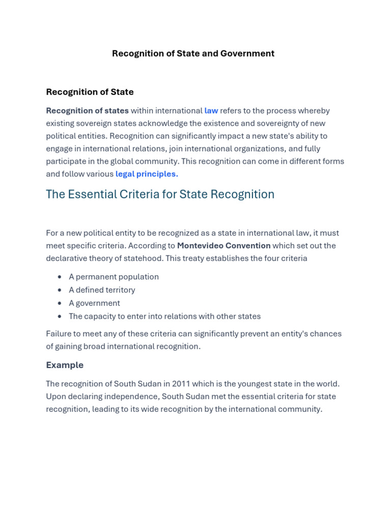 Recognition of State and Government | PDF | Sovereign State | State ...