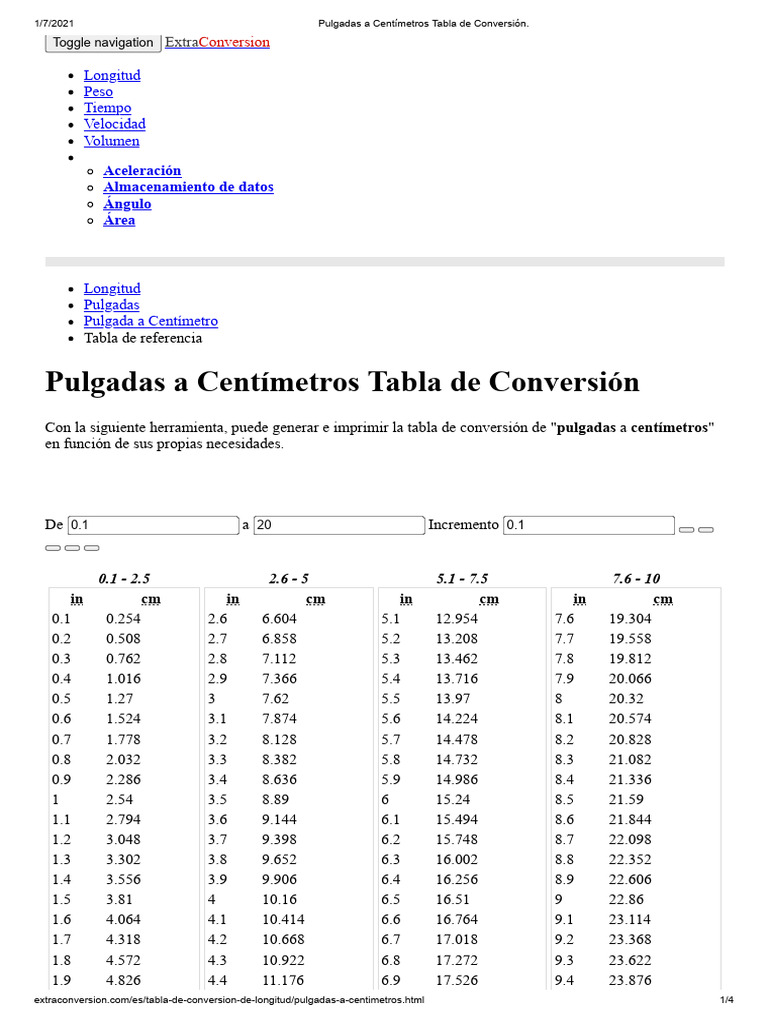 Pulgadas A Centímetros Tabla de Conversión | PDF | Longitud | Unidades de medida