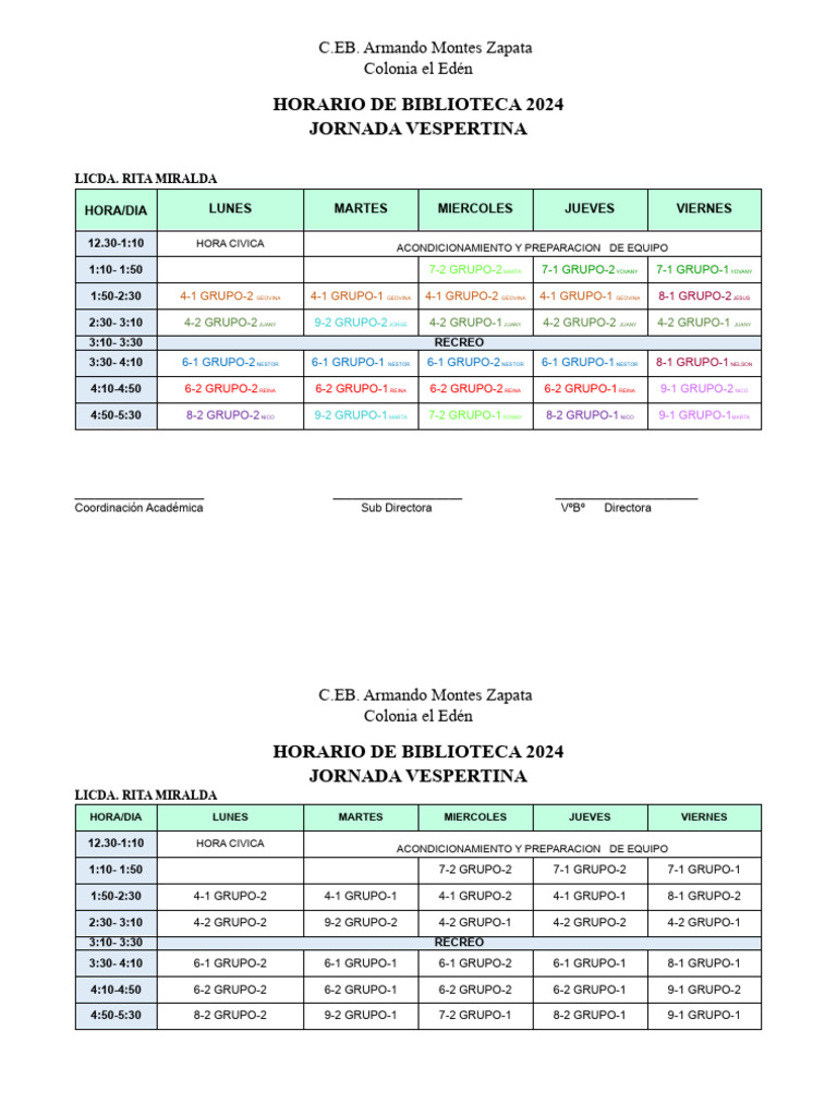Horario Biblioteca Vespertina 2024 | PDF