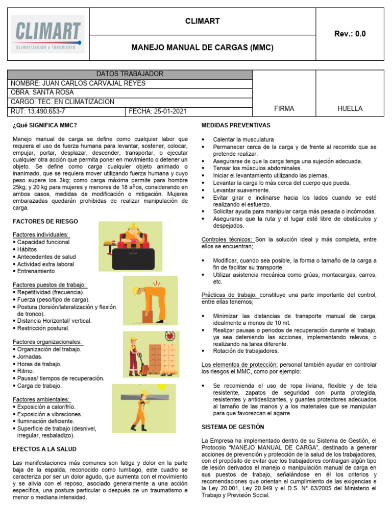 MANEJO MANUAL DE CARGAS (MMC) | PDF | Dolor lumbar | Guante