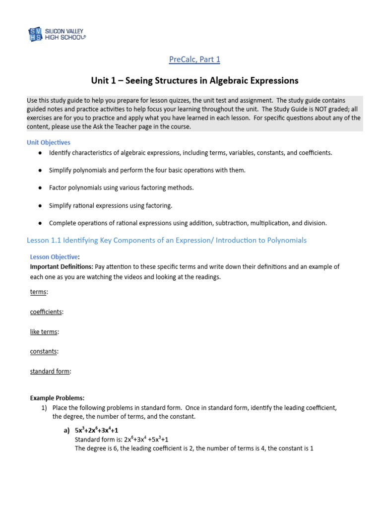 PreCalc Algebra Expressions Study Guide | PDF | Factorization | Polynomial