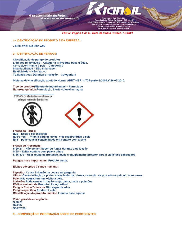 01anti Espumante Afn Abnt NBR 14725-4-2012 - Fispq | PDF | Vapor | Primeiros socorros