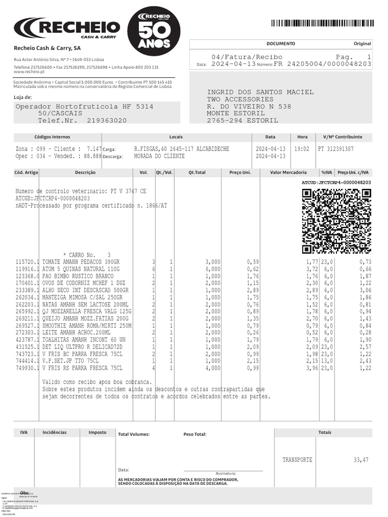 Fatura Recheio para Two Accessories | PDF | Imposto sobre Valor Agregado (IVA) | Comércio