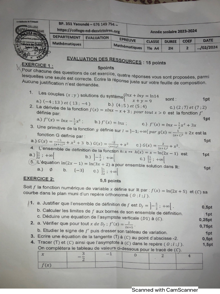 Maths Tle A4 Collège Notre Dame de Victo | PDF