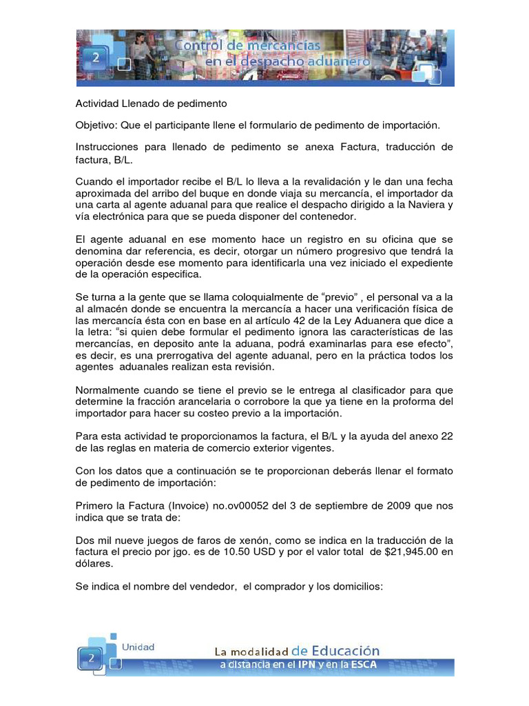DA U2 Act4 Instrucciones de Llenado de Pedimento | PDF | aduana