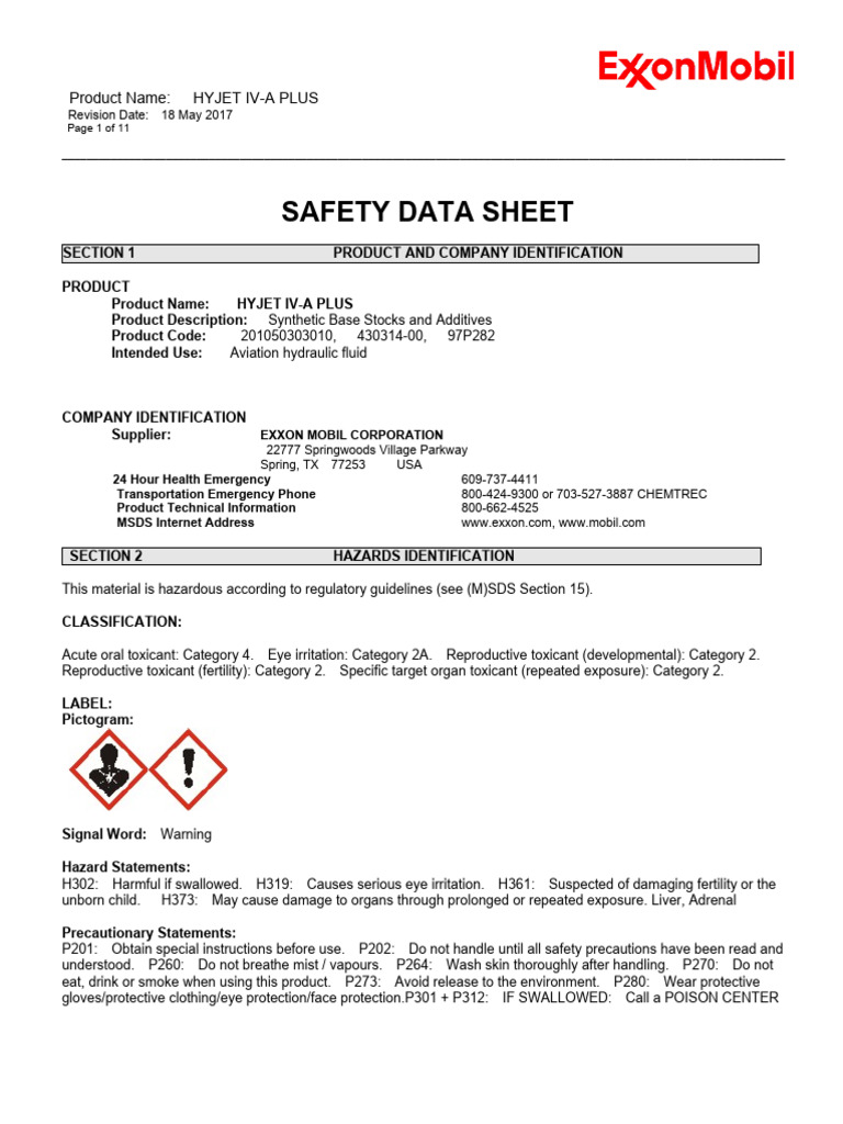HYJET IV-A Plus safety data sheet | Download Free PDF | Hazards | Workplace