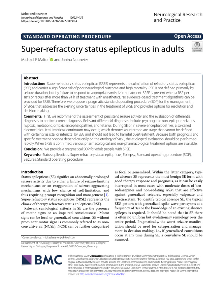 Super Refractory Status Epilepticus in Adults | PDF | Epilepsy ...