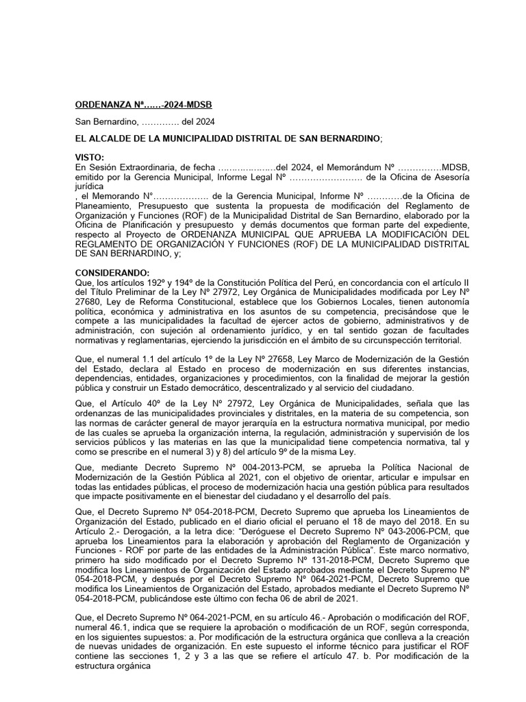 Ordenanza Modificacion Del Rof 2024 | PDF | Gobierno local | Regulación