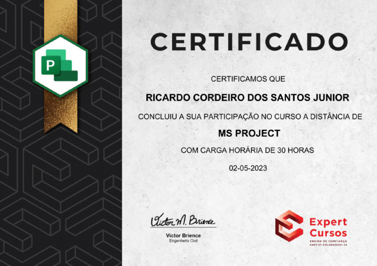 Certificado Ms Project - Ricardo Cordeiro Dos Santos Junior | PDF