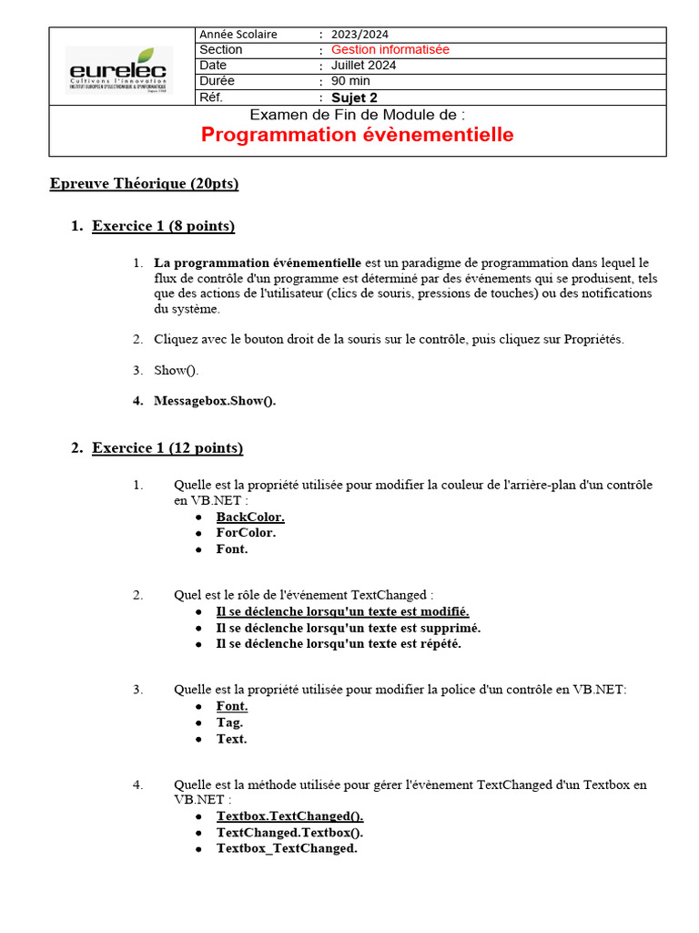 Template Sujet2 Programmation Evenementielle - Correction | PDF | Informatique | Génie logiciel