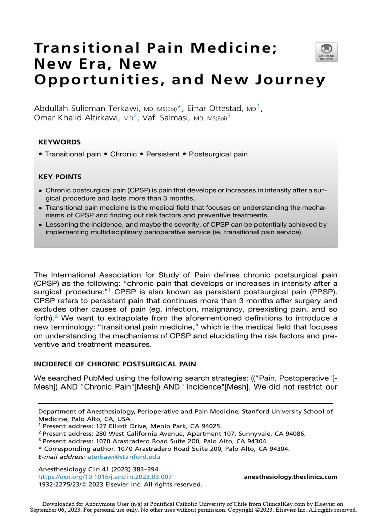 Transitional Pain Medicine - New Era, New Opportunities, and New ...