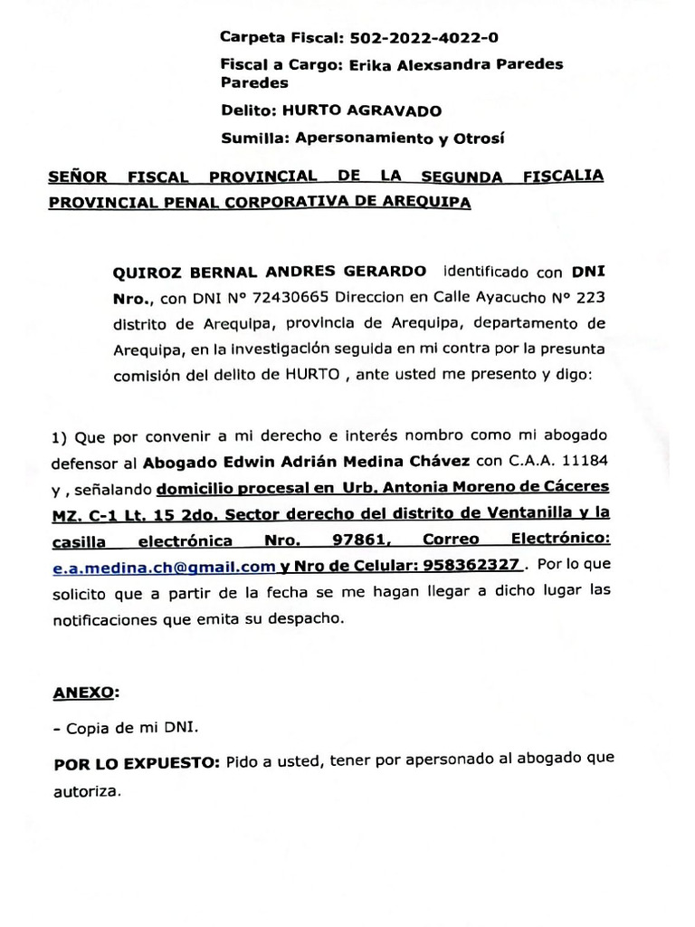 Apersonamiento - Andrés Quiroz Bernal Hurto Agravado | PDF