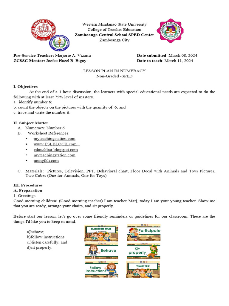 Lesson Plan Numeracy Number 6 | PDF | Teachers | Learning