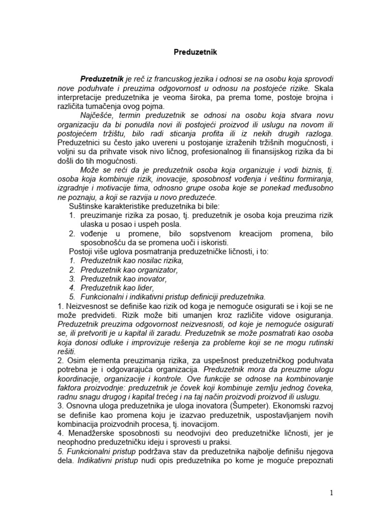 Preduzetnik-Pojam I Osobine | PDF