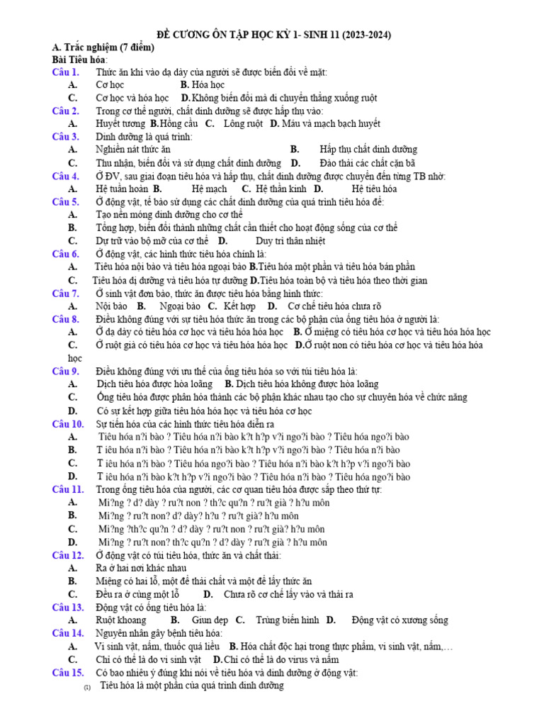 Đề Cương Sinh 11 HK1 (23-24) | PDF