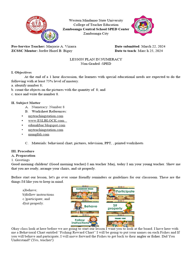 Lesson Plan Numeracy Number 8 | PDF | Teachers | Teaching