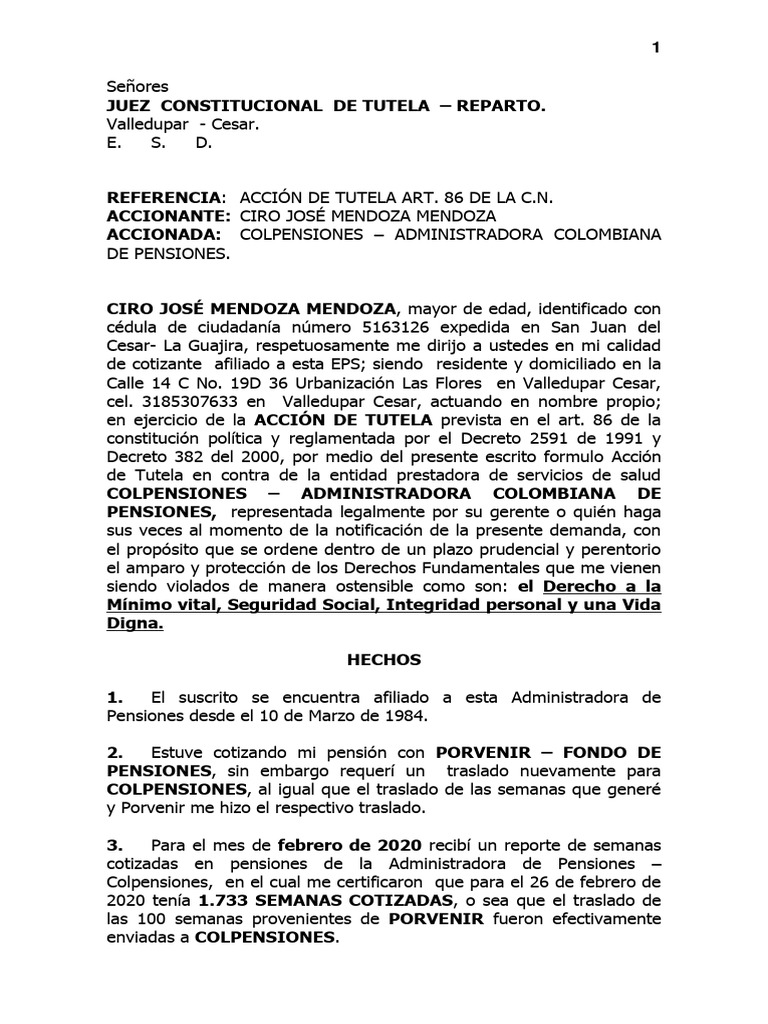 Accion de Tutela Colpensiones | PDF | Pensión | Derecho Constitucional