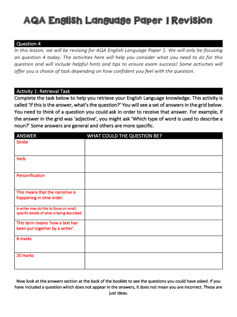 Language P1 Question 4 Revision 2 | PDF | Question | English Language