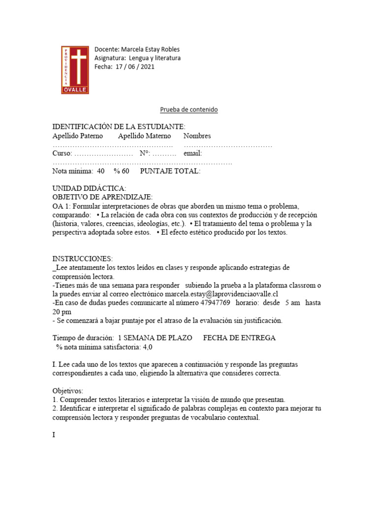 Prueba de comprensión literaria: Juan Pablo Castel | PDF