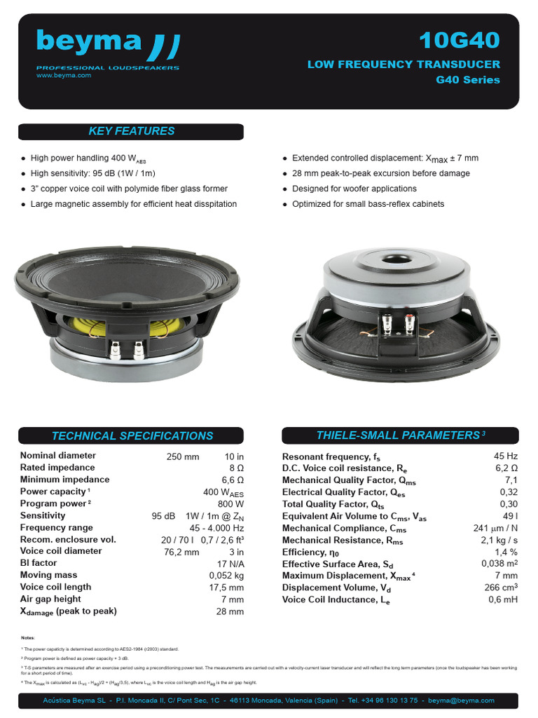 beyma-speakers-data-sheet-low-mid-frequency-10G40 | PDF | Loudspeaker ...