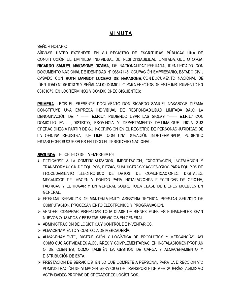 MINUTA - CONSTITUCION EIRL | PDF | Bancos | Ley procesal