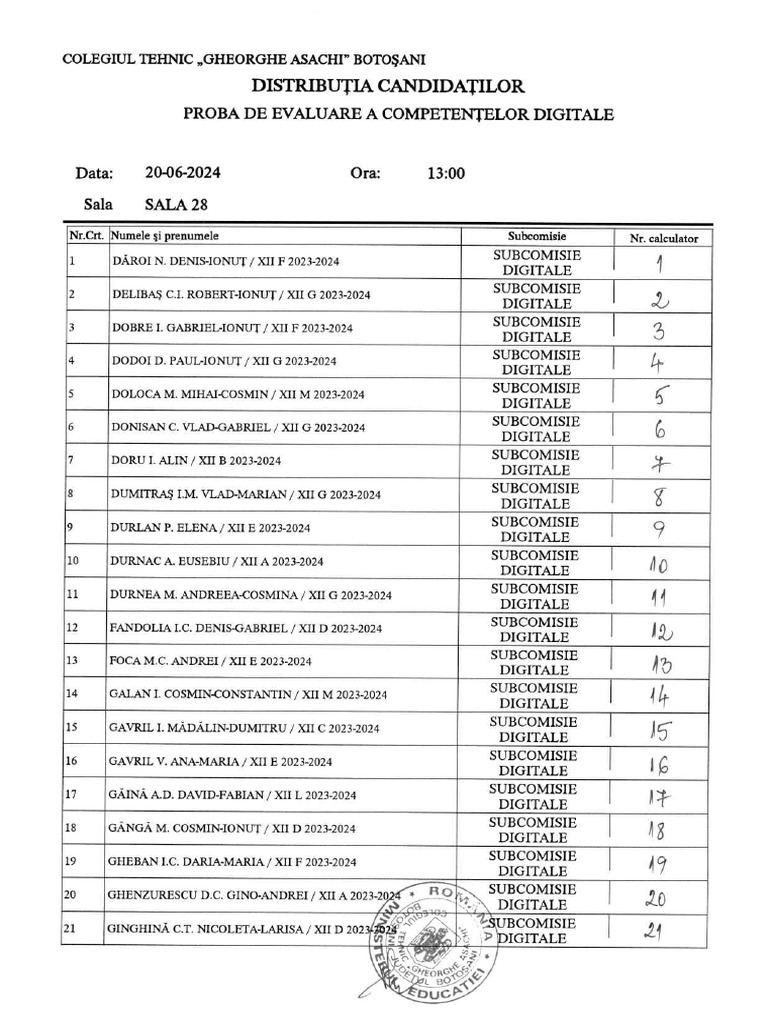PROBA D - Repartizare 20.06.2024 | PDF