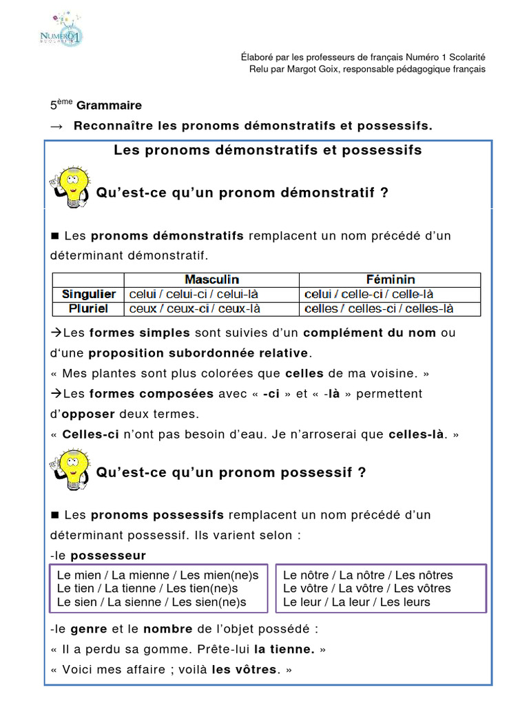 5ème Grammaire Les Pronoms Démonstratifs Et Possessifs | PDF | Pronom ...