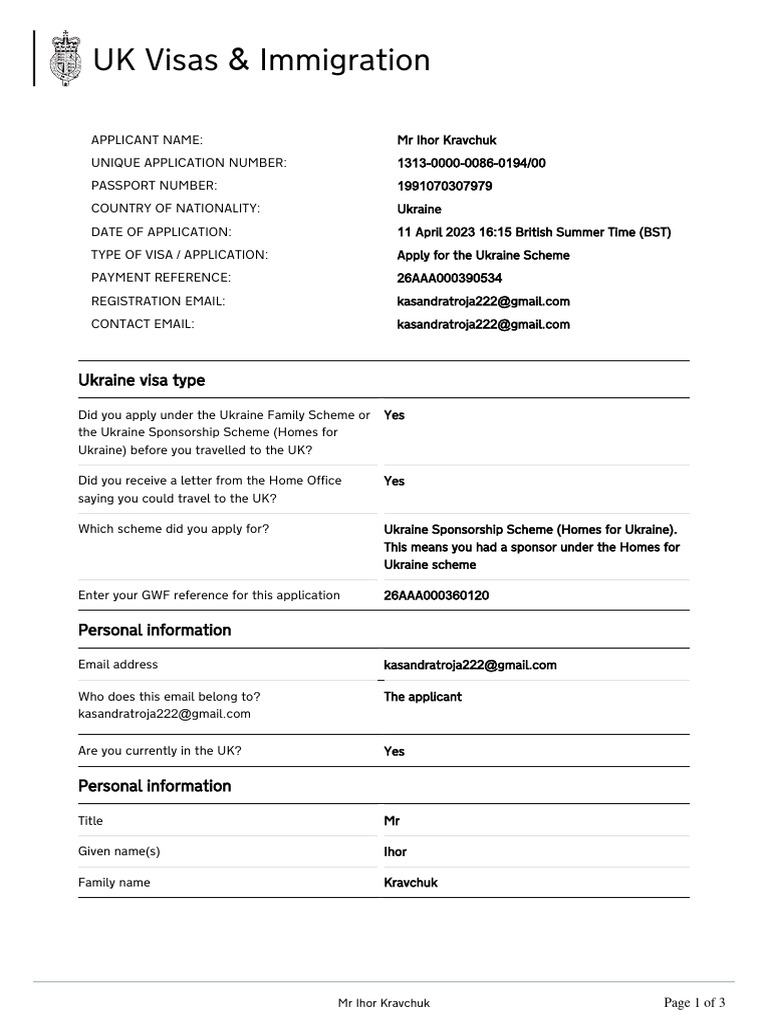 Ukraine Visa Application for Ihor Kravchuk | PDF | Passport | Travel Visa