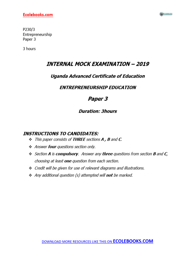 S6 Enterprenuership P3 Revision Past Papers | PDF | Entrepreneurship | Private Sector
