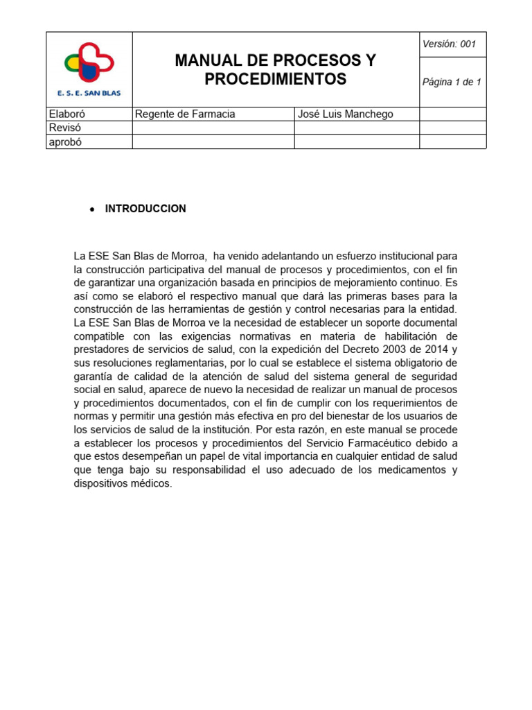 Manual Procesos y Procedimientos | PDF | Farmacia | Farmacéutico